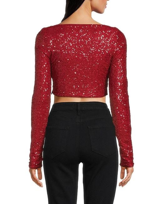 Susana Monaco Sequin Long Sleeve Crop Top in Red | Lyst