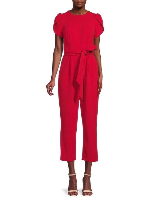 Calvin Klein Puff Sleeve Belted Jumpsuit In Red Lyst