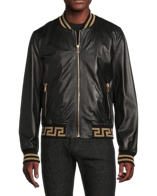 Versace La Greca Leather Bomber Jacket in Black for Men | Lyst