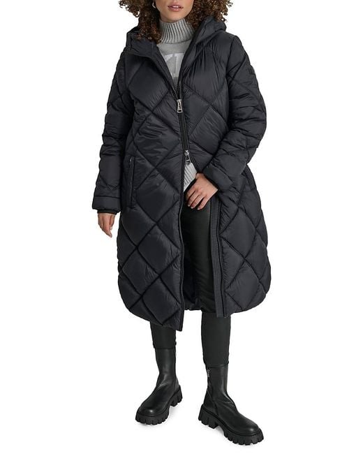 DKNY Missy Diamond Quilted Longline Puffer Coat in Black | Lyst