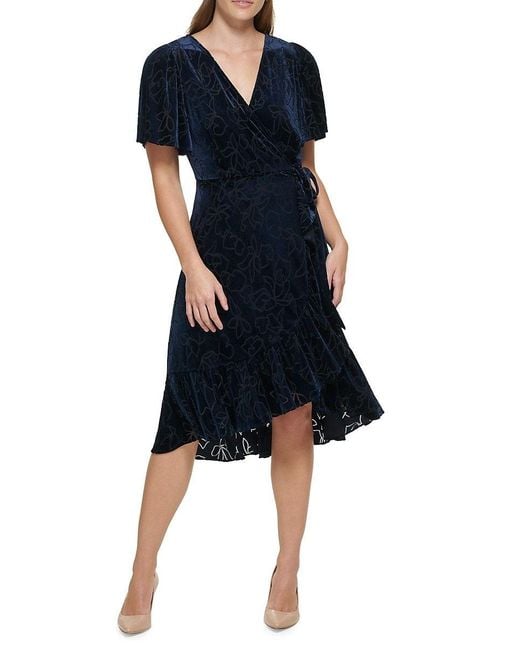 Calvin Klein Velvet Wrap Dress In Blue Lyst