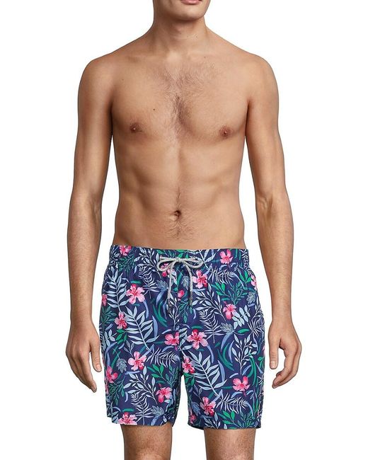 Vintage Summer Synthetic Ponji Swim Tropical Print Trunks In Navy Blue