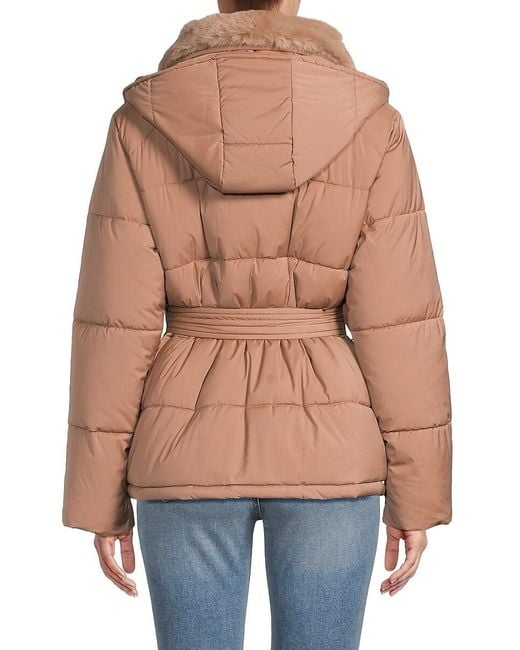 Calvin Klein Faux Fur Collar Hooded Puffer Jacket in Blue | Lyst