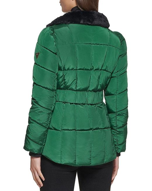 Guess Faux Fur Trim Quilted Puffer Jacket In Green Lyst