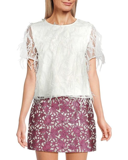 MILLY Rava Feather Trim Top in White | Lyst