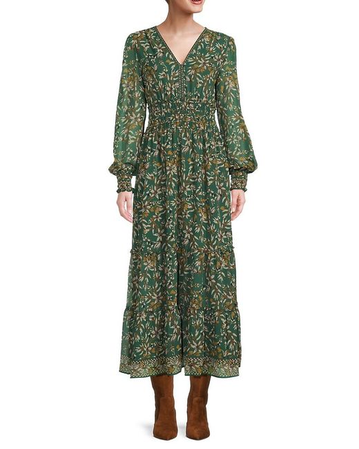 Max Studio Floral Shirred Dress in Brown | Lyst