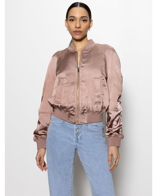 Sanctuary Satin Ruched Bomber Jacket Rose Gold in Brown | Lyst
