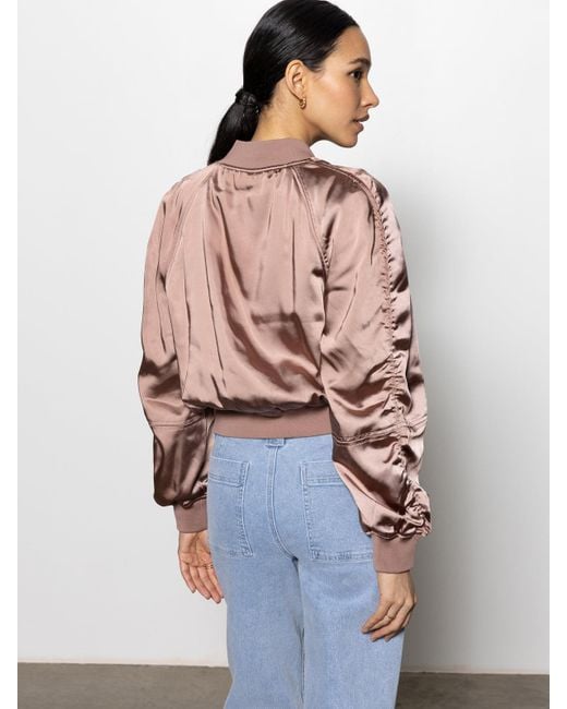 Sanctuary Satin Ruched Bomber Jacket Rose Gold in Brown | Lyst