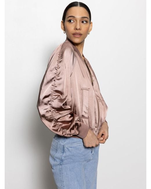 Sanctuary Satin Ruched Bomber Jacket Rose Gold in Brown | Lyst