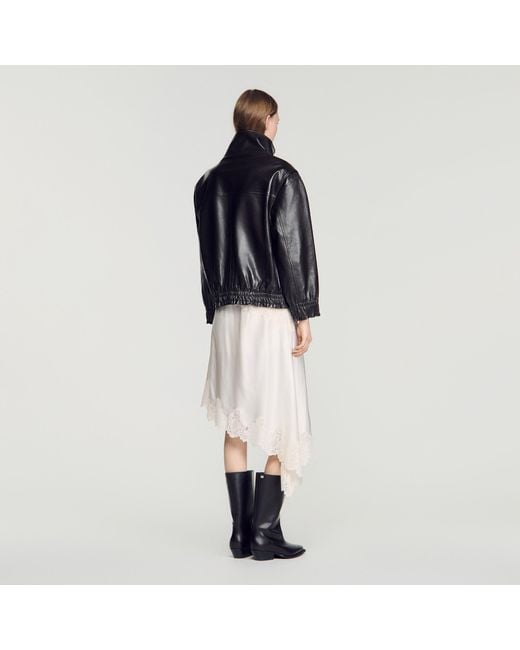 Sandro Standing Collar Leather Jacket in Black | Lyst UK