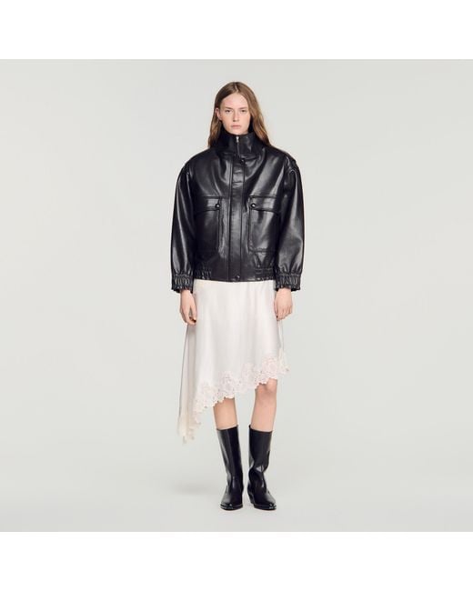 Sandro Standing Collar Leather Jacket in Black | Lyst UK