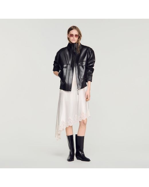 Sandro Standing Collar Leather Jacket in Black | Lyst UK