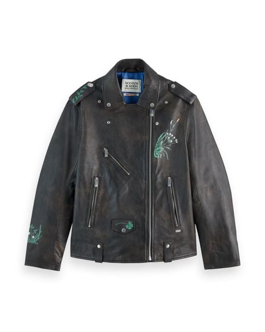 Scotch & Soda Oversized Graphic Leather Jacket in Black | Lyst