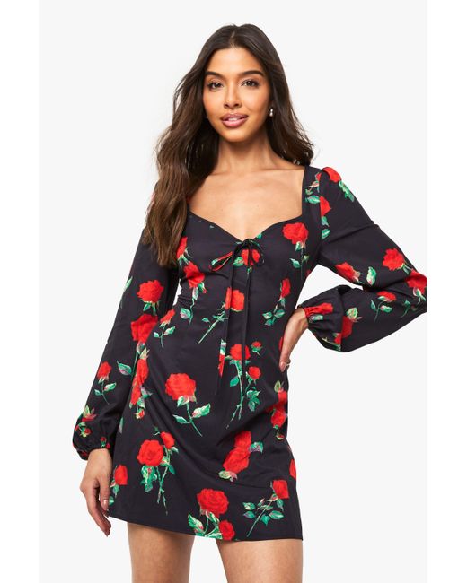 Boohoo Floral Milkmaid Mini Dress in Black | Lyst UK
