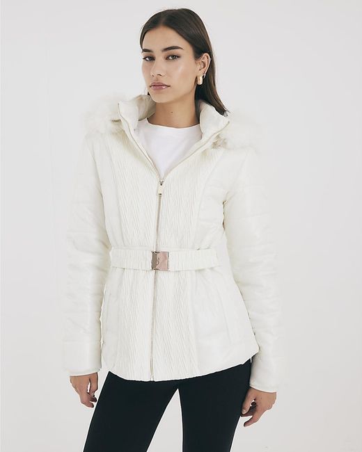 River Island Padded Coat Slim Faux Fur Hooded in White | Lyst UK