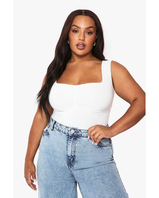 Boohoo Plus Double Layer Ruched Front One Piece in White | Lyst UK