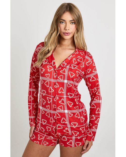 Boohoo Christmas Candy Cane Print Long Sleeve Shirt & Shorts Pyjama Set ...