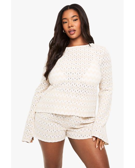 Boohoo Plus Zig Zag Knitted Tie Front Beach Top in White | Lyst UK
