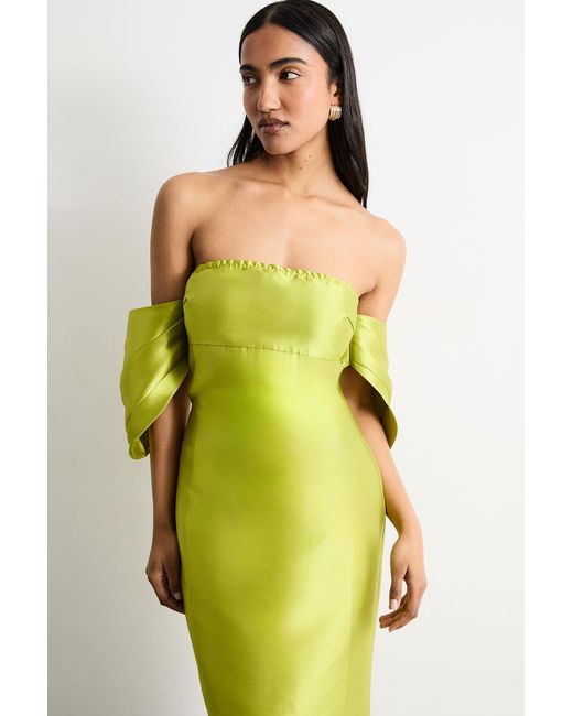 Warehouse Structured Puff Sleeve Bardot Midi Dress in Yellow | Lyst UK