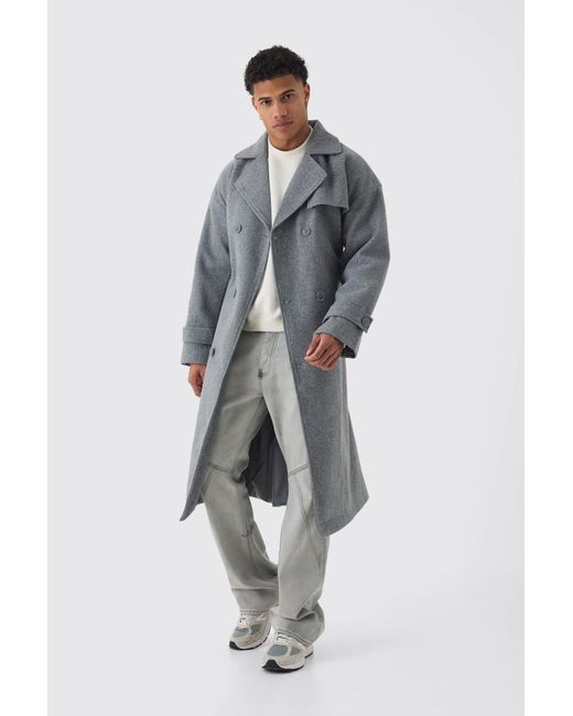 BoohooMAN Oversized Double Breasted Trench Overcoat in Grey for Men ...