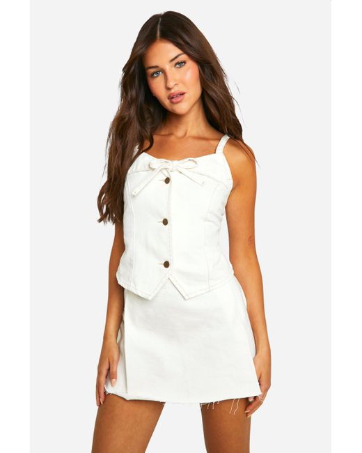 Boohoo Button Through Denim Crop Top Cotton in White | Lyst UK