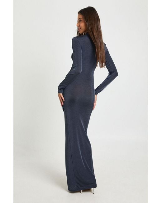 Boohoo Key Hole Drape Detail Slinky Long Sleeve Maxi Dress in Blue ...