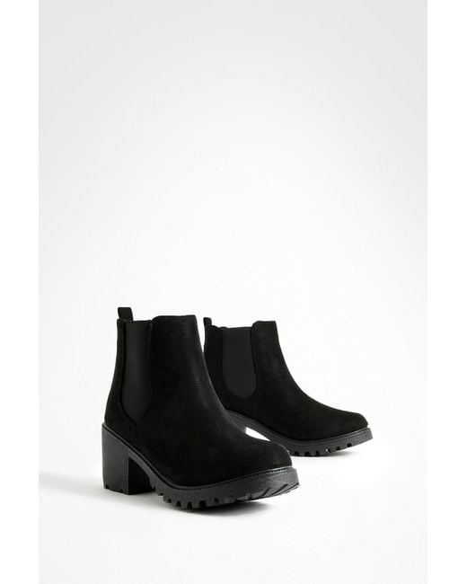 Boohoo Faux Suede Cleated Chunky Chelsea Boots in Black | Lyst UK