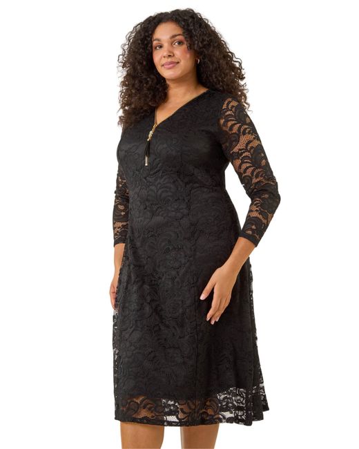 Roman Curve Zip Front Lace Dress in Black | Lyst UK