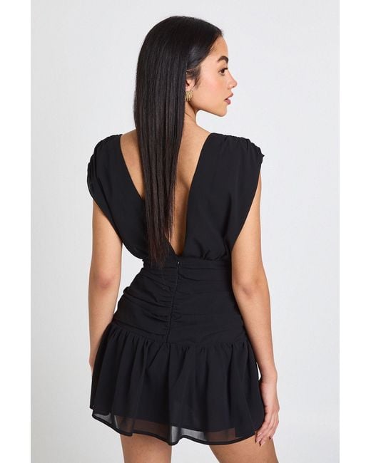 Boohoo Chiffon Ruched Detail Plunge Front Mini Dress in Black | Lyst UK
