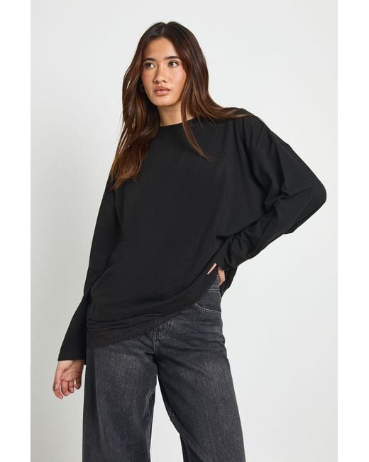 Boohoo Long Sleeve T-Shirt With Lace Hem Trim in Black | Lyst UK