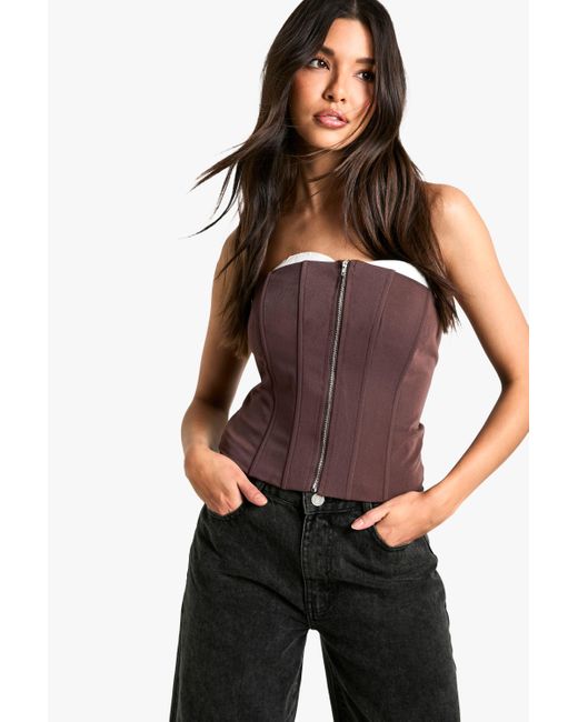 Boohoo Zip Up Front Longline Corset in Brown | Lyst UK