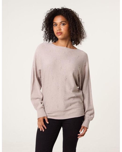 Blue Vanilla Pearl Flower Detailed Soft Touch Jumper in Natural | Lyst UK