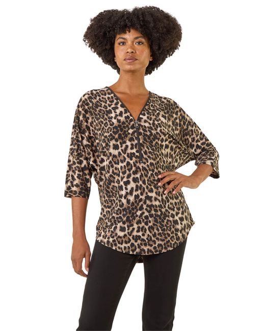 Roman Animal Print Zip Front Stretch Top in Black | Lyst UK