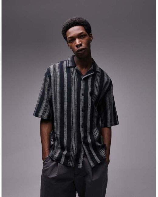 TOPMAN Short Sleeve Relaxed Revere Textured Striped Shirt in Blue for ...