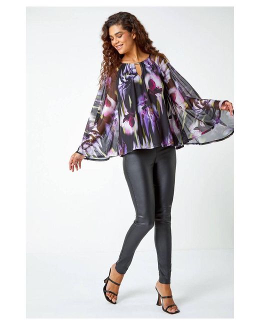 Roman Floral Print Mesh Stretch Top in Purple | Lyst UK