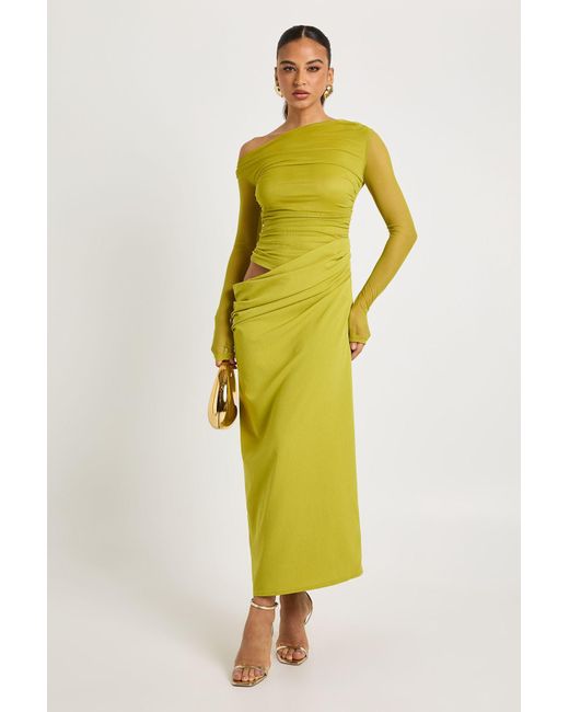 Boohoo Mesh Mix Draped Midaxi Dress in Yellow | Lyst UK