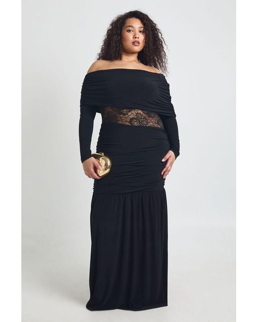 Boohoo Plus Asymmetric Neckline Lace Insert Long Sleeve Maxi Dress in ...