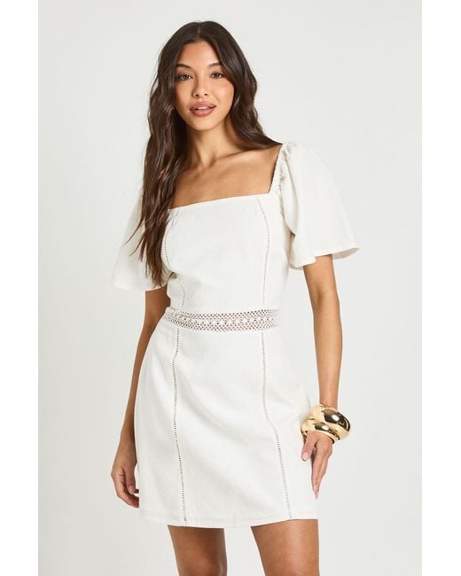 Boohoo Crochet Trim Linen Look Mini Dress in White | Lyst UK