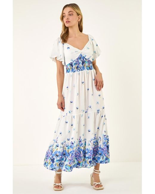 D.u.s.k Floral Print Puff Sleeve Midi Dress in Blue | Lyst UK