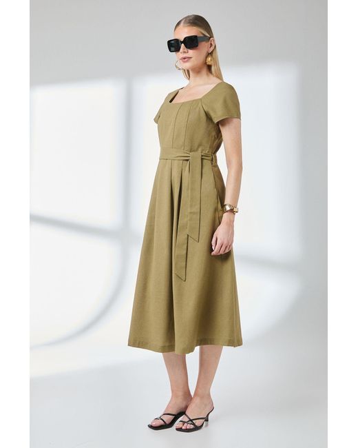 PRINCIPLES Square Neck Cap Sleeve Belted Linen Midi Dress Viscose in ...