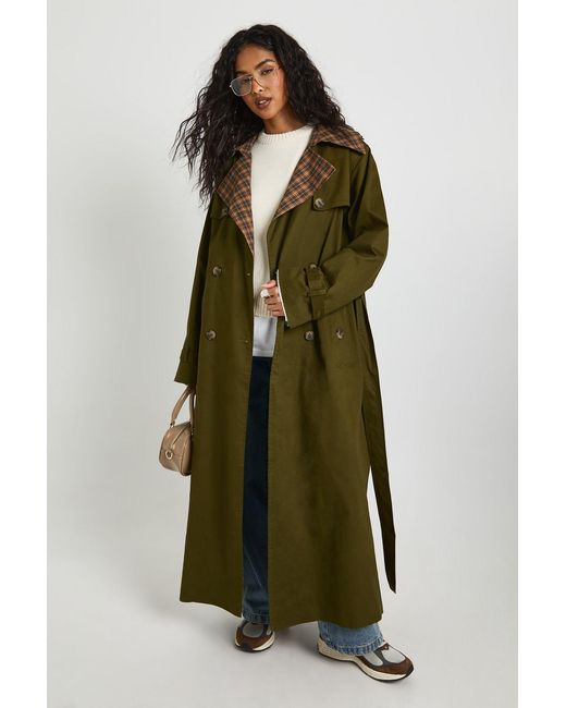 Boohoo Check Collar Detail Trench Coat in Green | Lyst UK