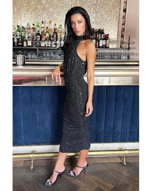 AX Paris Metallic Sparkle Halter Neck Ruched Midi Dress in Blue | Lyst UK