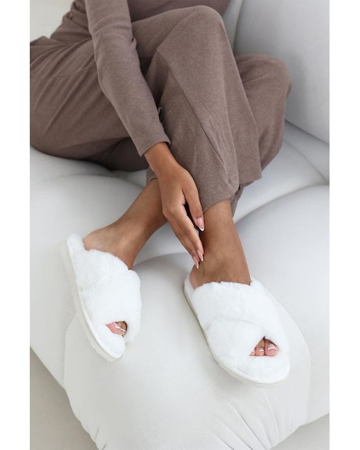 Where's That From Wheres 'Ciara' Faux Fur Cross Over Strap Slippers in ...
