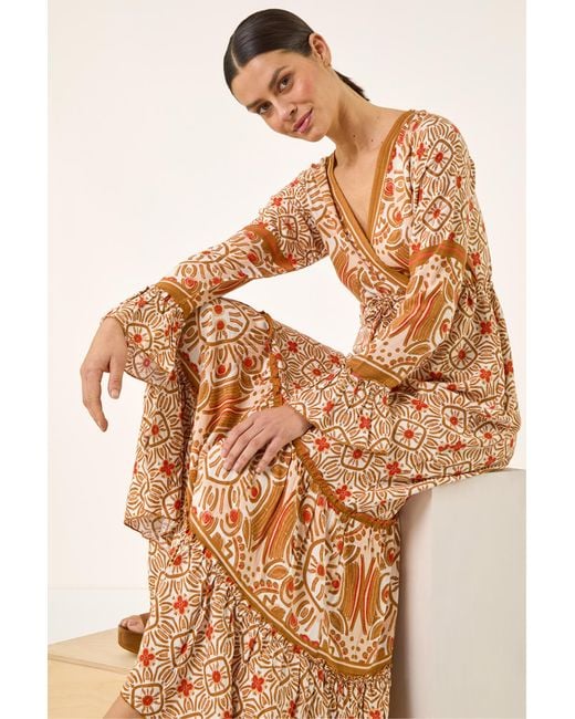 Roman Border Print Maxi Dress in Brown | Lyst UK