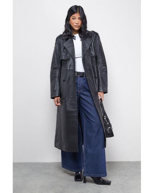 Warehouse Real Leather Belted Trench Coat in Blue | Lyst UK