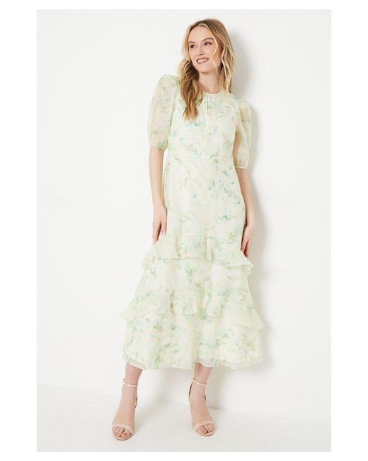 Oasis Floral Organza Puff Sleeve Midi Dress in Natural | Lyst UK