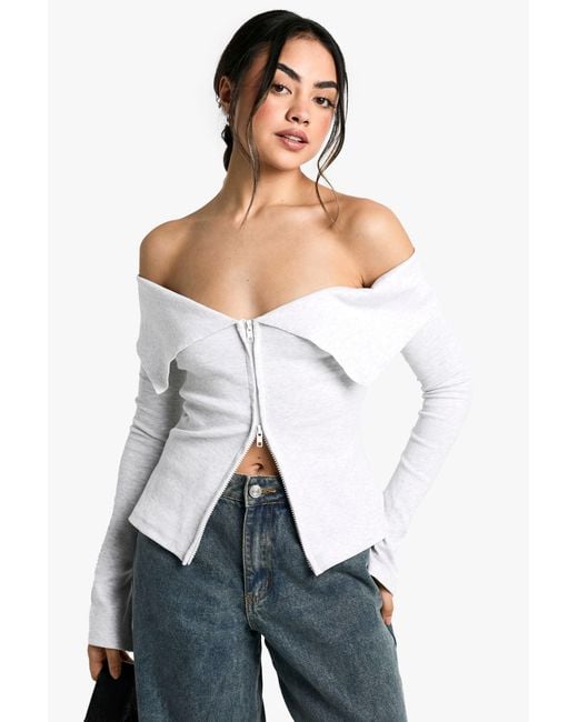 Boohoo Double Zip Bardot Rib Top in White | Lyst UK