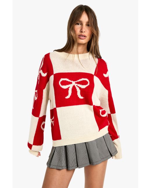 Boohoo Bow Christmas Jumper in Red | Lyst UK