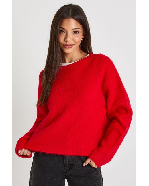 Boohoo Soft Brushed Knit Boxy Fit Crew Neck Jumper in Red | Lyst UK