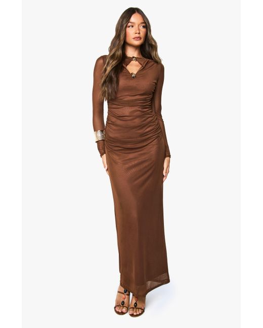 Boohoo Mesh Keyhole Long Sleeve Maxi Dress in Brown | Lyst UK